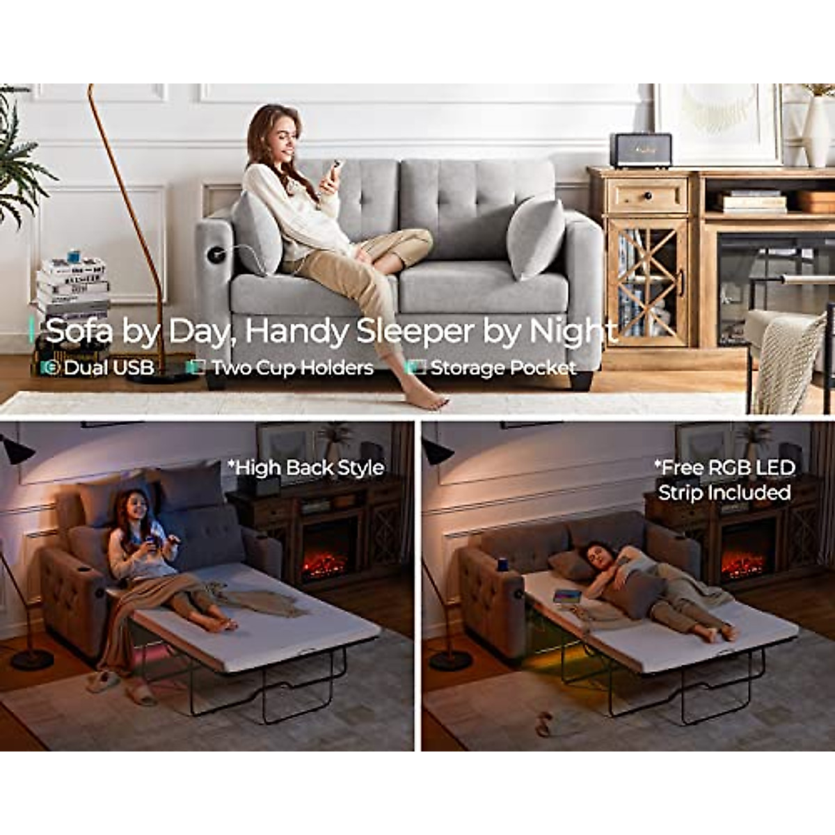 LINSY HOME Pull Out Sofa Bed, 2-in-1 Convertible Sleeper Couch with Memory Foam Mattress, Two Seat Loveseat Sleeper Sofa Bed for Living Room, Grey, Full Size