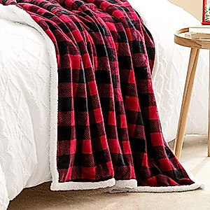 HBlife Sherpa Buffalo Plaid Christmas Throw Blanket for Couch 50X60 Inches, Super Cozy Fuzzy Fleece Warm Plush Holiday Decorative Cabin Blankets and Throws, Black and Red