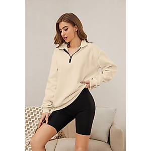 Meladyan Women's Half Zip Sweatshirt Oversized Long Sleeve Collar Drop Shoulder Solid 1 / 4 Zipper Pullover Coat, Apricot, Medium
