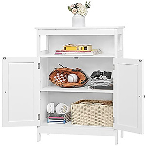 Yaheetech Bathroom Floor Storage Cabinet, Wooden Free Standing Storage Organizer with 2 Doors & Adjustable Shelves, for Living Room Hallway, White