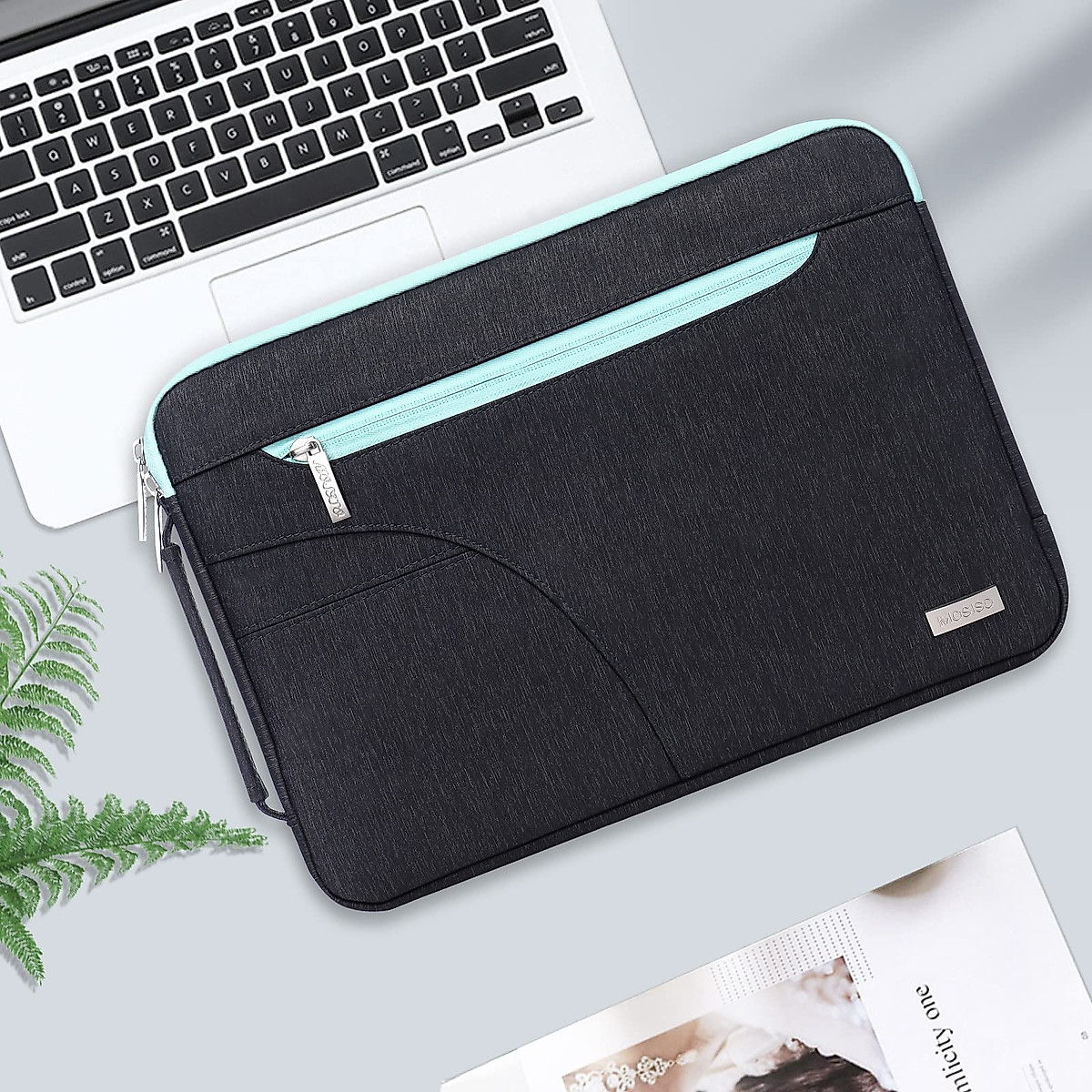 MOSISO Laptop Shoulder Bag Compatible with MacBook Air/Pro, 13-13.3 inch Notebook, Compatible with MacBook Pro 14 inch M3 M2 M1 2023-2021,Polyester Briefcase Sleeve with Front Arc Pocket, Blue