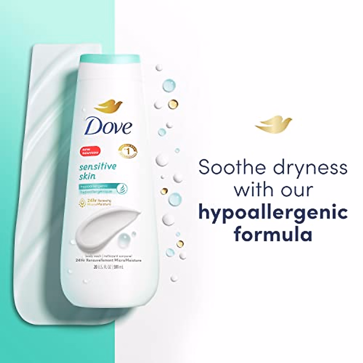 Dove Body Wash Sensitive Skin 4 Count Hypoallergenic, Paraben-Free, Sulfate-Free, Cruelty-Free, Moisturizing Skin Cleanser Effectively Washes Away Bacteria While Nourishing Skin 20 oz