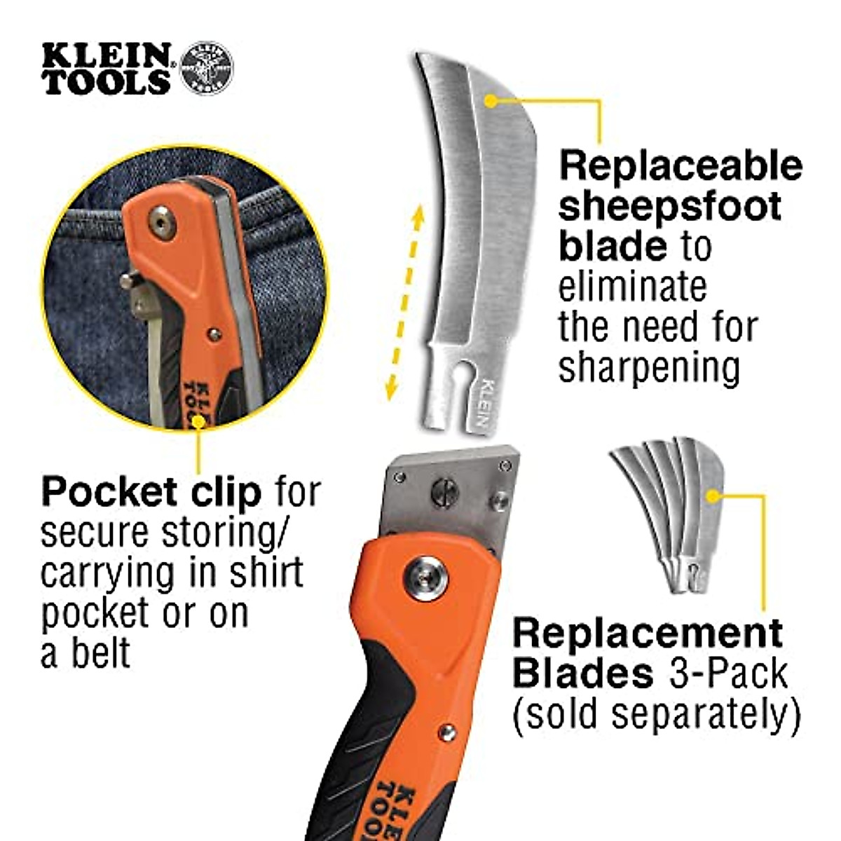 Klein Tools 44218 Utility Knife, Lockback Electricians Knife and Folding Knife with Hawkbill Blade for Cable Skinning, Replaceable Blade