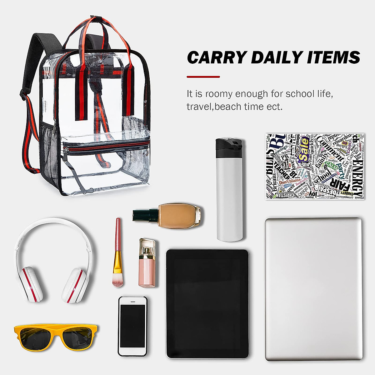 mommore Heavy Duty Clear Backpack Durable See Through Bookbags for School, Work (Red Black, Large)