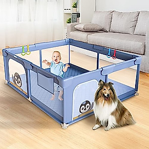 Baby Playpen for Babies and Toddlers, 71 x 59 inch Playpen with Mat, Unique Little Penguin Character Design, Soft Breathable Mesh Baby Play Yard for Indoor & Outdoor Family Time (Blue with Mat)