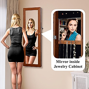 Brefhome Jewelry Armoir, Brown Wood Full Length Mirror Jewelry Cabinet with Storage, Necklace Organizer, Hanging Jewelry Holder Organizer Box