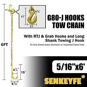 SENKEYFE 2PCS G80 j Hooks Tow Chain, 5/16"x6' Recovery Tow Hooks Chain 15IN J Hook w/RTJ & Grab Hook, 18800LBS Tow Truck Accessories J Hooks, Bridle Tow Transport Chain, Wrecker Towing Truck Equipment