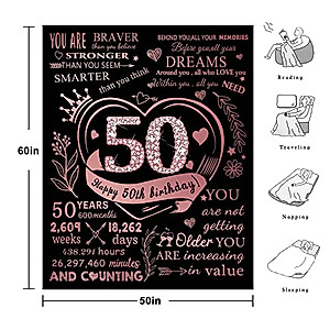 50th Birthday Blanket Gifts for Women with Gift Box, Gifts for Women Turning 50, Happy 50th Birthday Gift Ideas for Her, 50th Birthday Decorations Throw Blanket 60"x50" (Rose)
