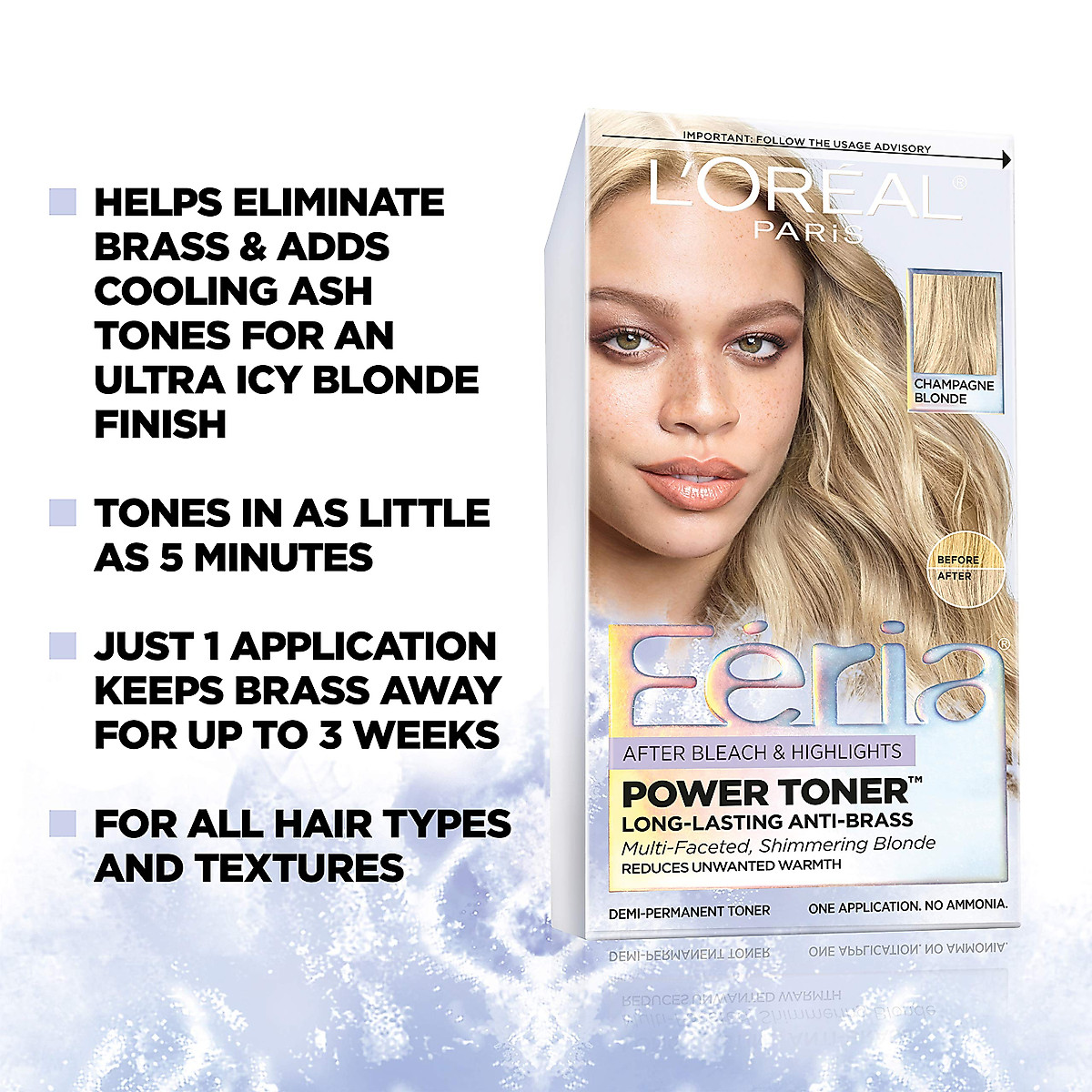 L’Oréal Paris Feria Long-Lasting Anti Brass Power Hair Toner, Champagne Blonde, 1 Application