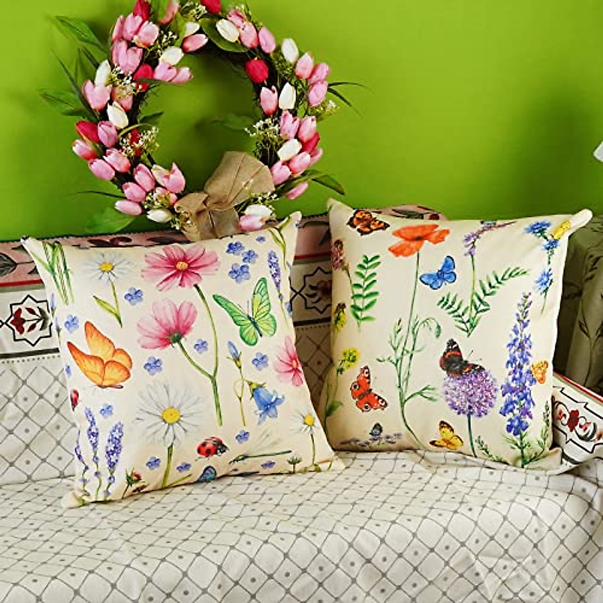 ONWAY Spring Summer Outdoor Waterproof Pillow Covers 20x20 Inch Set of 4 Floral Farmhouse Throw Pillows Decorative Cushion Cases for Outdoor Couch Sofa Patio Furniture Home Decoration