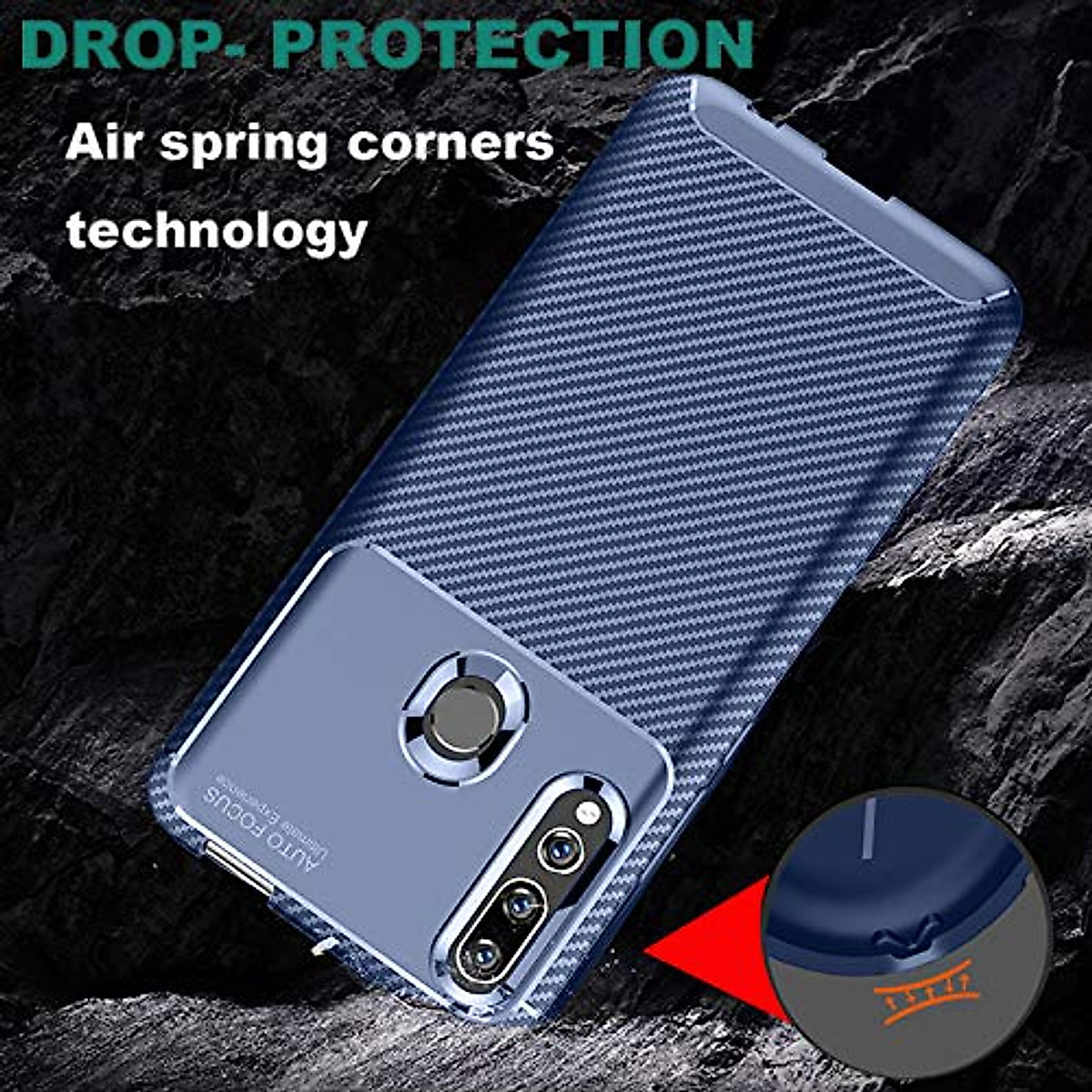 Phone Case for Huawei Y9 Prime 2019 with Tempered Glass Screen Protector Cover and Cell Accessories Slim Thin Rugged Soft TPU Silicone Carbon Fiber Hawaii Enjoy 10 Plus Cases Women Girls Men Boys Blue
