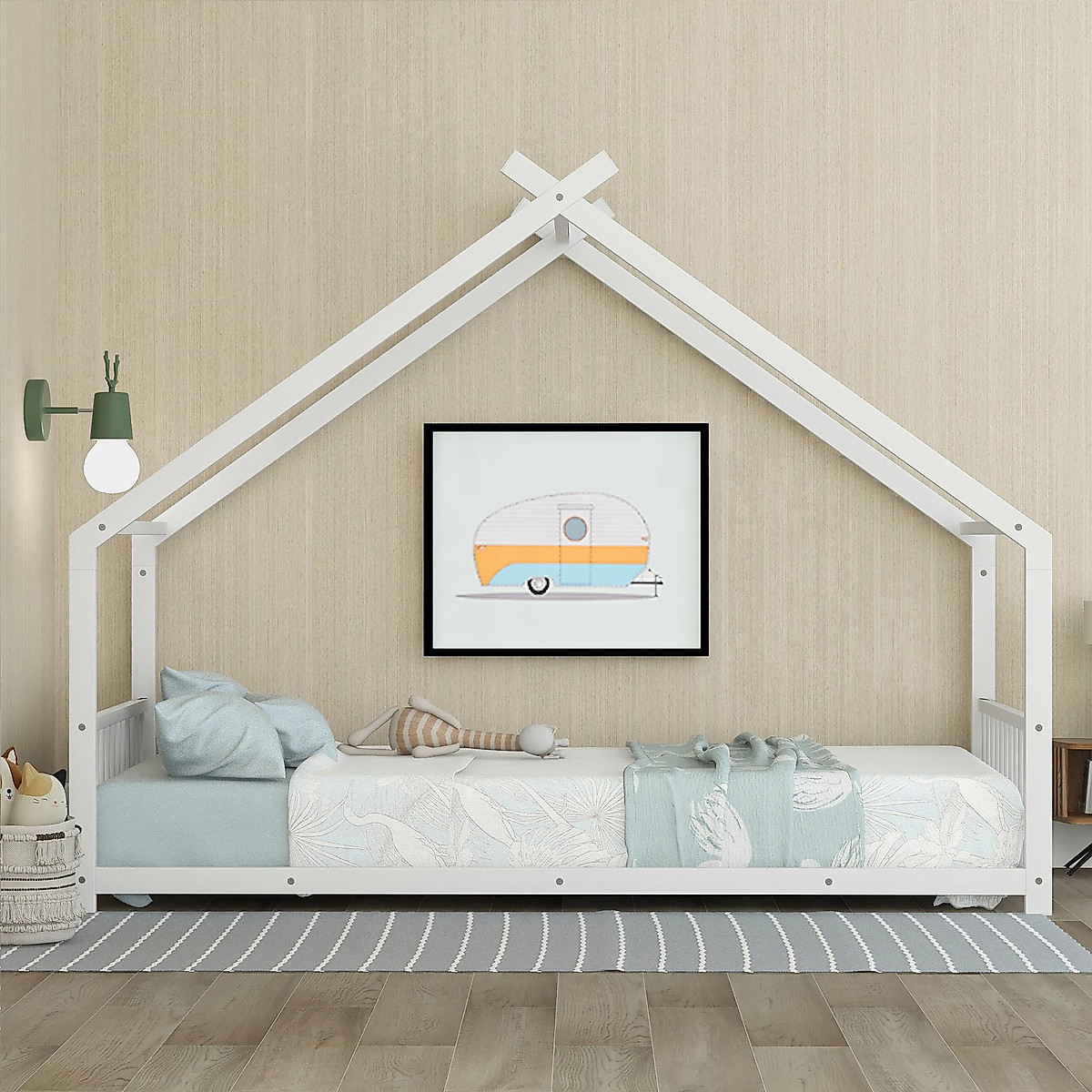 Kids Montessori Floor Bed with Headboard and Footboard, Metal Floor Bed with Slats, Twin Size House Floor Bed for Kids, White Montessori Bed Frame Twin Size