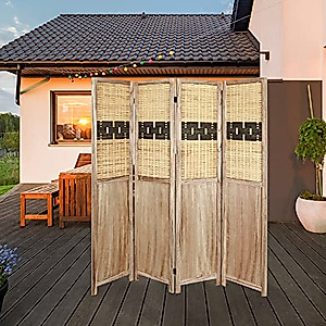 Babion 4 Panel Room Divider, Grass Willow Hand-Woven Screen, Room Dividers and Folding Privacy Screens, Modern Wall Dividers Room Bedroom Decoration, Dividers for Home Office -Brown and Black
