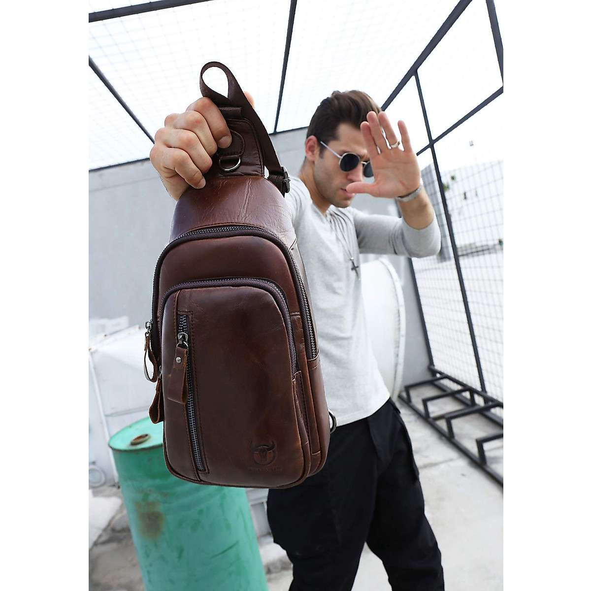 BULLCAPTAIN Mens Sling Bag Genuine Leather Chest Shoulder Backpack Crossbody Outdoor Travel Casual Daypack (brown), Medium