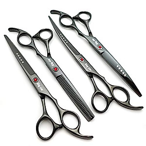 7.0in Titanium Black Professional Pet Grooming Scissors Set,Straight & Thinning & Curved Scissors 4pcs Set for Dog Grooming,(Black)