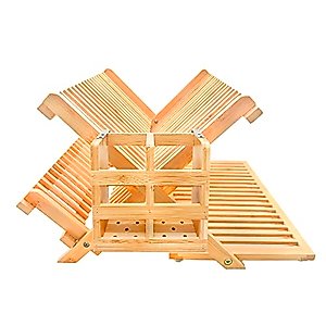 ZROOY Bamboo Dish Drying Rack with Utensil Holder Set,3-Tier Collapsible Wood Dish Drying Rack for Kitchen,Folding Bamboo Drying Rack with Utensils Flatware Holder,Space-Saving Storage with Foldable