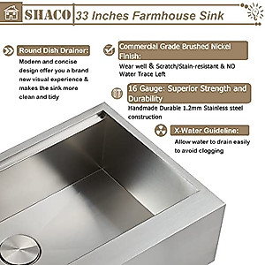 SHACO 33 Inch Farmhouse Sink, 33x20x9 Stainless Steel Farmhouse Kitchen Sink, 9 Inch Deep Brushed Nickel Single Bowl Ledge Workstation Sink, Apron Front Farm Sink with Cutting Board