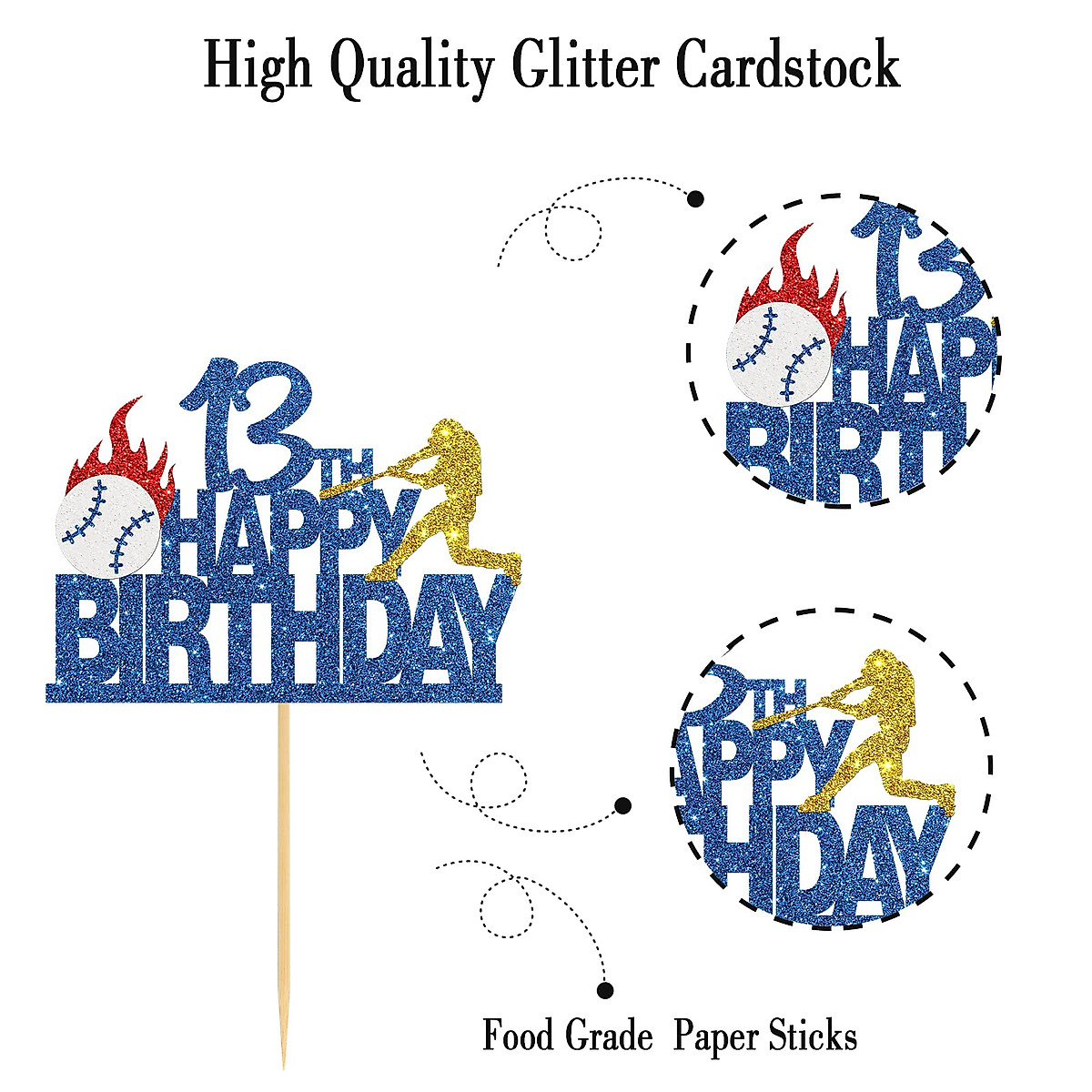 Baseball Themed 13th Birthday Cake Topper, Sport Baseball 13th Birthday Cake Decorations, Teenager Happy Birthday Party Supplies, Glittery Blue