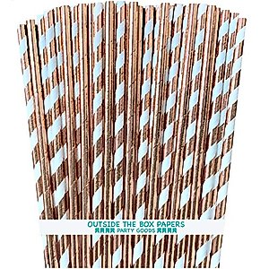 Rose Gold Solid and Stripe Foil Paper Straws - 7.75 Inches - 100 Pack - Outside the Box Papers Brand