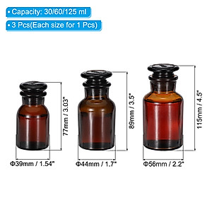 PATIKIL Reagent Media Bottle, 30/60/125ml Glass Wide Mouth Reagent Media Storage Bottle with Glass Ground Stopper for Lab Water Reagent Liquids, Chemistry, Science, Vase, Perfume, Amber