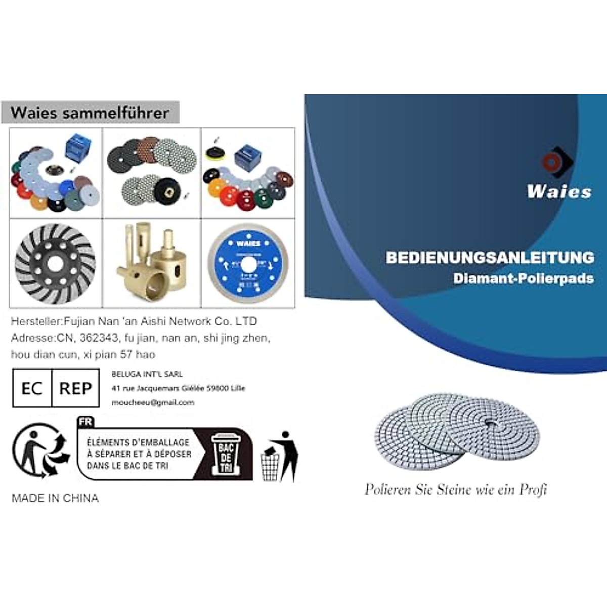 Waies 11 Packs 5 Inch Diamond Polishing Pads with 5/8"-11 Backer Pad 9 PCS Wet/Dry Polish Pad Kit for Drill Grinder Polisher 50-10000 Grit Pads for Marble Tile Quartz Granite Concrete Countertop