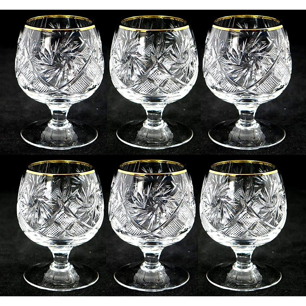 Neman Russian Cut Crystal Sherry Glasses with Gold Rim Shot Glasses on Short Stem. 1.2oz (35ml). Set of 6