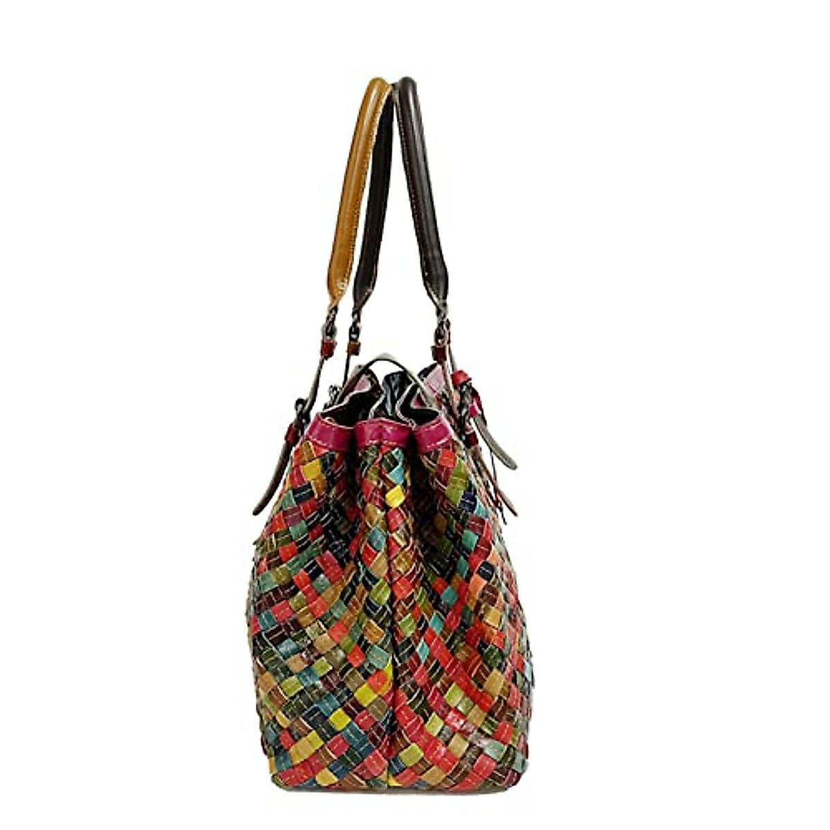 Women Multicolor Splicing Genuine Leather Handbag Designer Hand Woven Satchel Purses Top Handle Shoulder Totes Crossbody Bag (Multicolor)