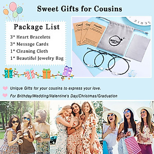 UNGENT THEM Cousin Gifts for Women, 3 Cousin Matching Heart Bracelets Birthday Christmas Gifts for Cousins Women