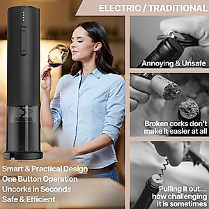 HotFrost Electric Wine Opener – Wine Bottle Opener Kit with Foil Cutter, Wine Aerator, Vacuum Stopper – Rechargeable Corkscrew Wine Opener – Cordless Automatic Wine Opener – Birthday Wine Gift Set