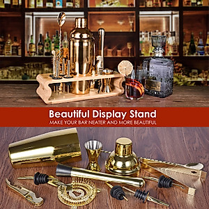 Esmula 12 Piece Bartender Kit with Bamboo Stand, 25oz Cocktail Shaker Set for Mixed Drink, Professional Bar Tool Set with Cocktail Recipes Booklet, Gift for Man Dad Friend (Gold)
