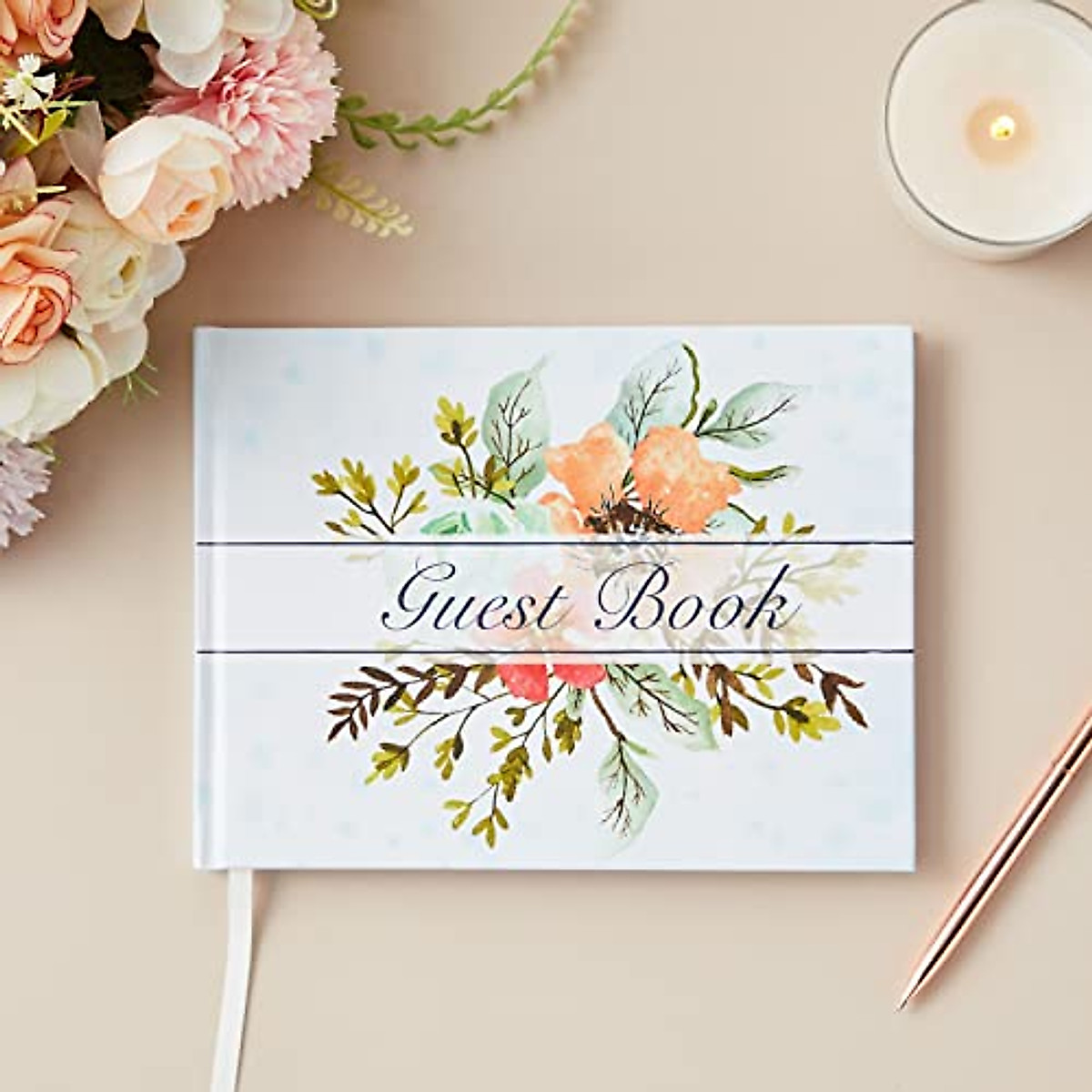 Floral Wedding Guest Book for Reception, Party, Baby Shower, Birthday (8.3 x 6.25 in, 56 Pages)