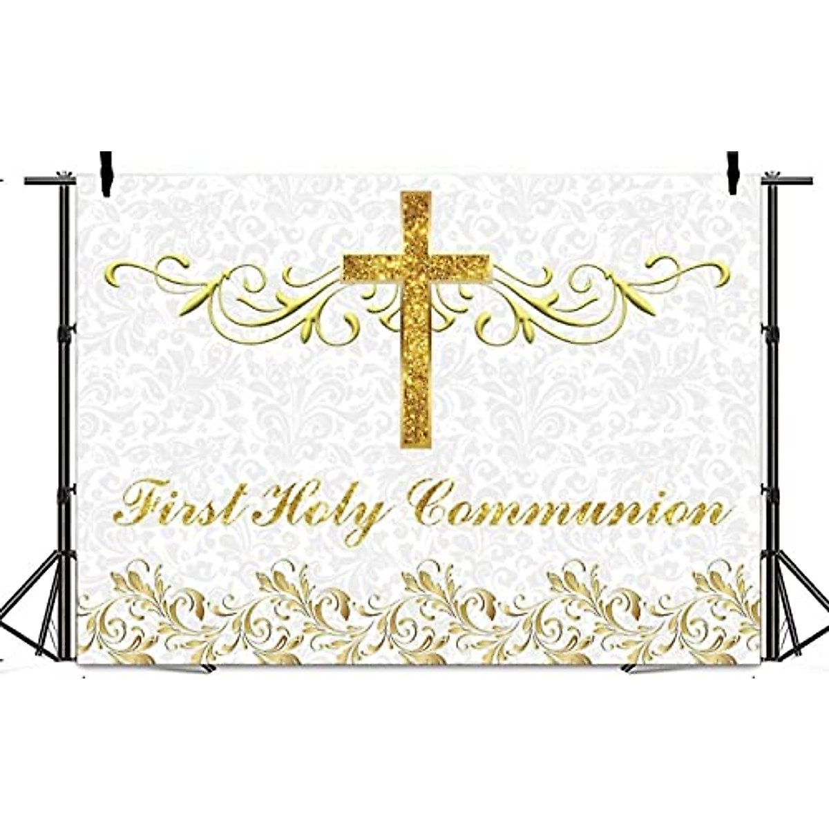 My First Communion Photography Backdrop Curtain Baby Baptism Background Gold Cross Photo Background White Texture Photo Graphic Decoration Set Props 5x3 feet Vinyl Banner