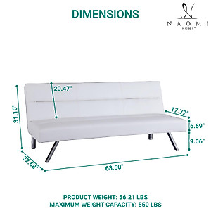 Naomi Home Faux Leather Futon Couch, Modern Convertible Folding Sofa Bed Couch Futon Sofa Bed with Chrome Legs, Reclining Mini Couch, Leather Futon Small Couch for Bedroom Living Room White
