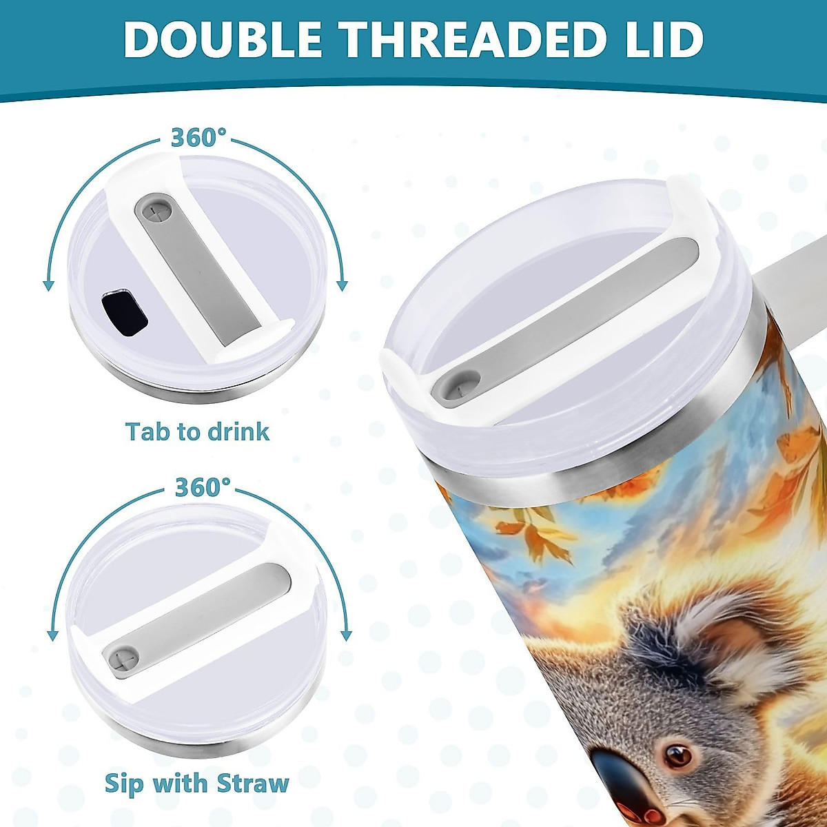 Slewiaeky Koala Spring Skinny 40 oz Tumbler with Handle Straw and Lid Beach Stainless Steel Vacuum Insulated Reusable Water Bottle Glasses Travel Mug Thermal Cup for Home Office Car