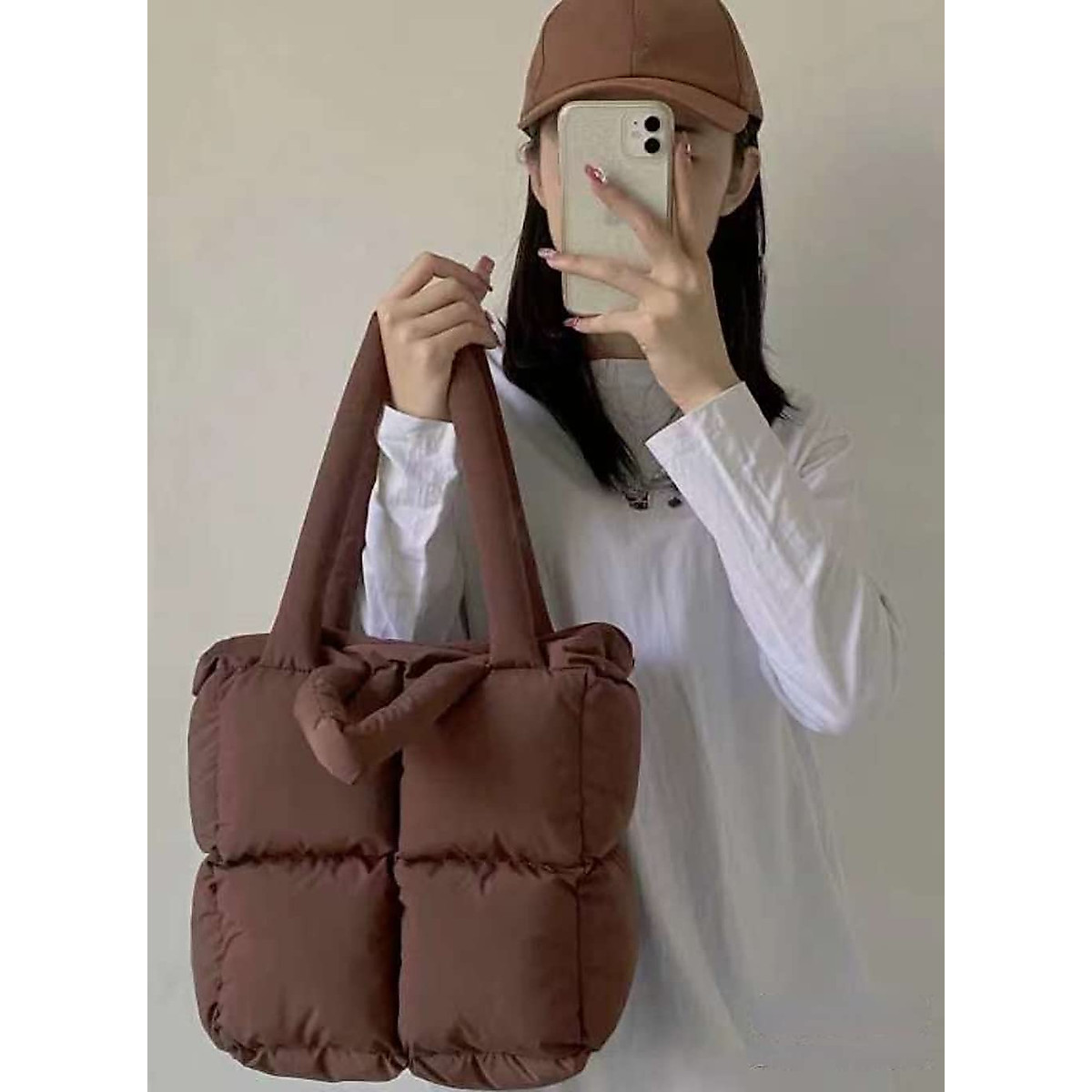 Puffer Tote Bag Women's Glossy Quilted Zipper Closure Puffy Tote Bag Down Padded Shoulder Bag Cute Handbag Aesthetic Handbag (Z-Brown)