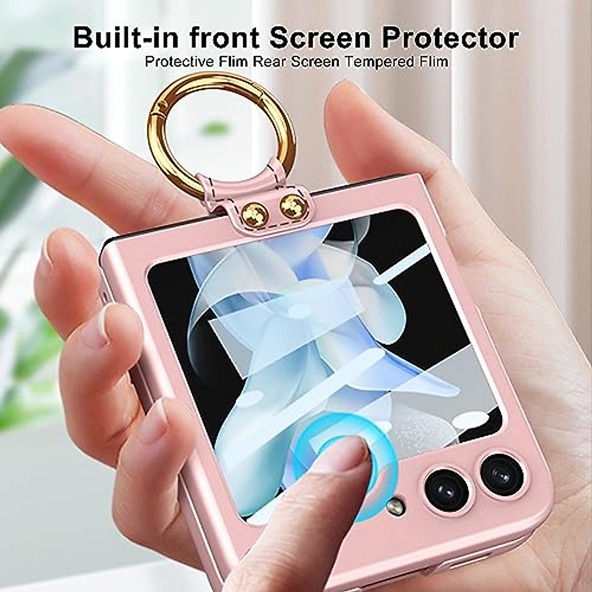 DOOTOO for Samsung Galaxy Z Flip 5 Case with Ring Holder Matte PC Built-in 9H Glass Screen Protector All-Inclusive Shockproof Case (Pink)