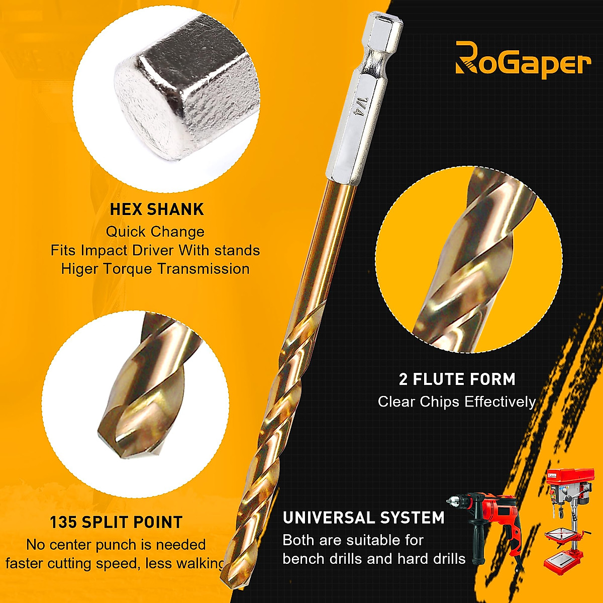 ROGAPER 13 PCS Titanium Coated Hex Shank Drill Bit Set, HSS Twist Drill Bit Sets, Impact Driver Drill Bits for Wood, Steel, Metal, Plastic, Quick Change Design (1/16-1/4)