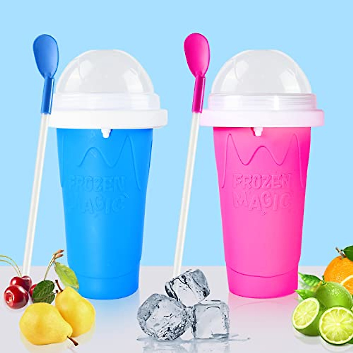 cdbz Slushy Cups,Slushie Maker Squeeze Cup,Frozen Magic Slushy Maker Cup,Slushy Cup 2 Pack, Protable Smoothie Mug Ice Cream Maker for Juices and Drinks (BLUE+PINK)
