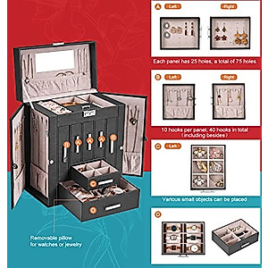 ANWBROAD Large Jewelry Organizer Boxes Jewelry Storage Box for Necklace Eardrop Watch Ring Jewelry Storage Case PU Leather Jewelry Holder with Lock Mirror Jewelry Boxes for Women UJJB019B