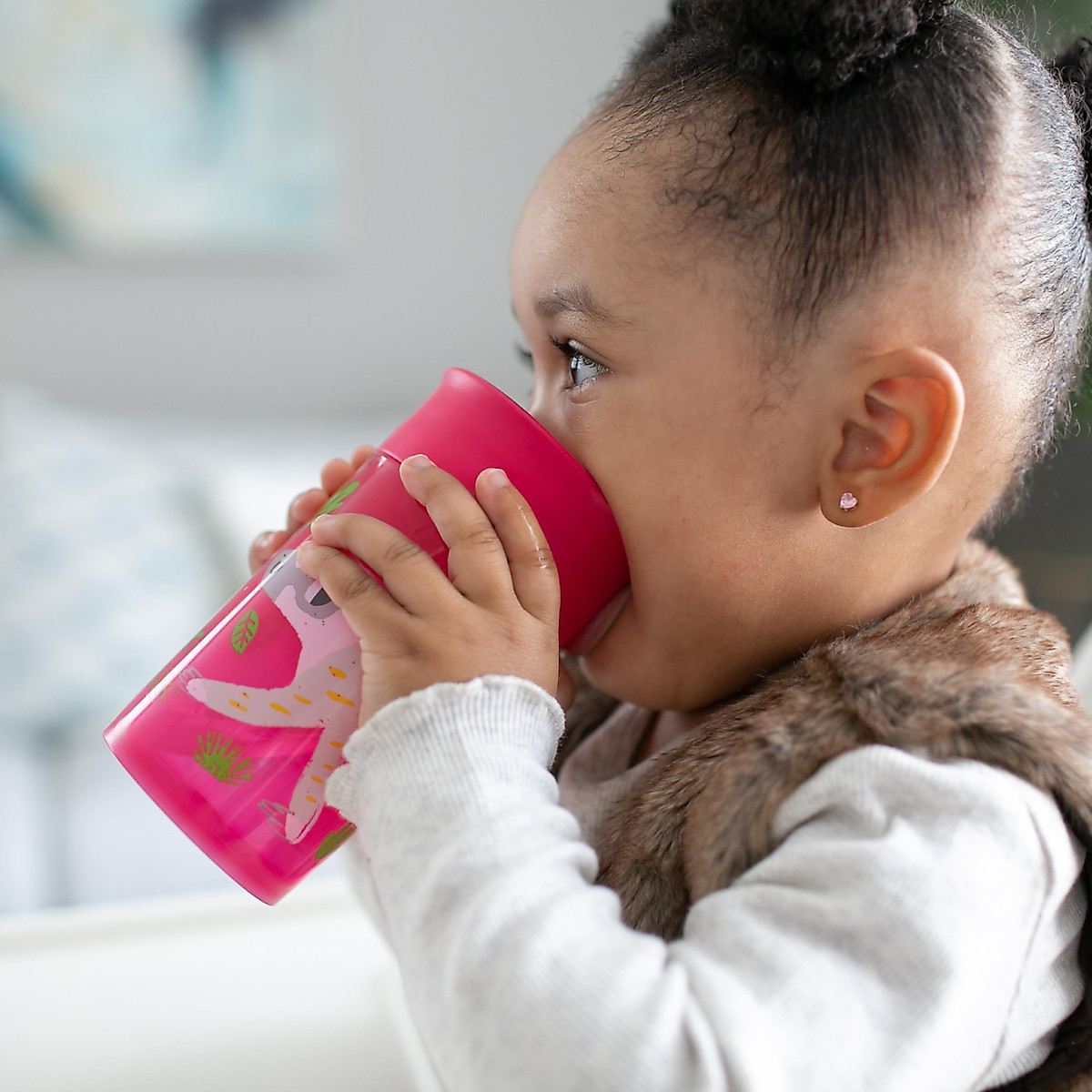 Dr. Brown's Milestones Cheers 360 Cup Spoutless Transition Cup, Travel Friendly & Leak-Free Sippy Cup, Pink Leopard – Red Lemur, 10 oz/300 mL, 2 count (1 pack)