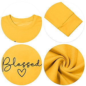 UNIQUEONE Blessed Sweatshirt for Women Letter Print Lightweight Thanksgiving Pullover Tops Blouse (Yellow, Large)