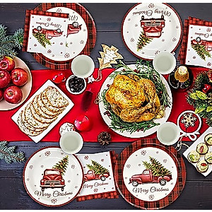 Gift Boutique Christmas Red Truck Party Supply Table Set 24 9" Dinner Plate 24 7" Plate 24 9 Oz Cups 24 Lunch Napkin for Xmas Pickup Trucks with Tree & Buffalo Plaid Disposable Paper Dinner Décor