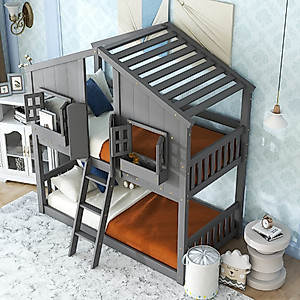 MERITLINE Twin Over Twin House Bunk Bed, Wood Floor Bunk Bed Frame with Roof, Window, Window Box & Door, Twin Bunk Bed for Kids Boys Girls Teens (Grey)