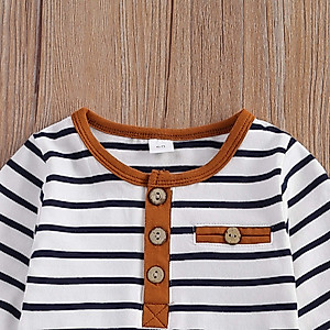 2Pcs/Set Newborn Baby Boys Outfit Long Sleeve Striped Bodysuit Romper Solid Pants Fall Winter Clothes (Khaki, 0-3 Months)
