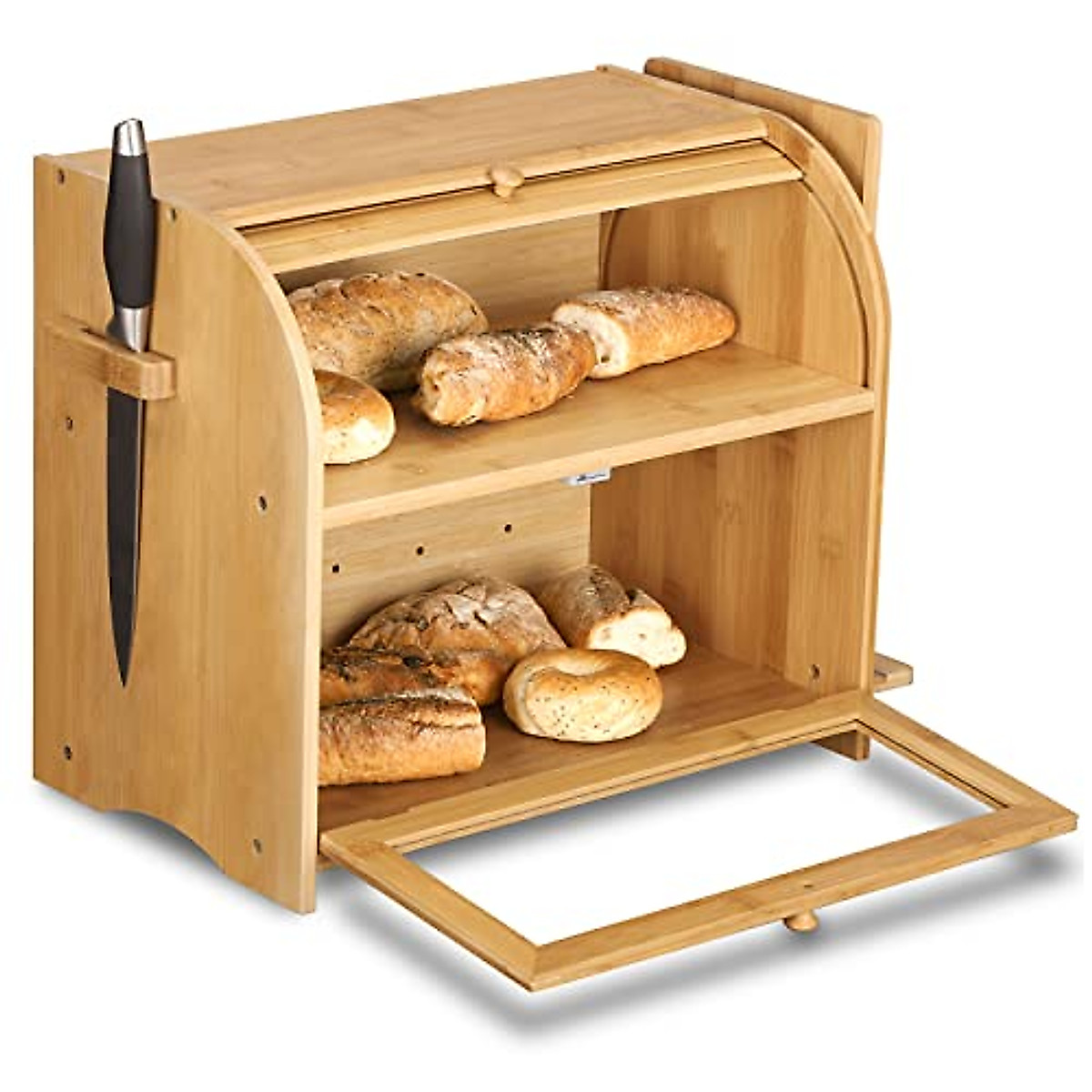 HOMEKOKO Double Layer Large Roll Top Bread Box for Kitchen Counter, Retro Design Wooden Large Capacity Bread Storage Bin (Natural)