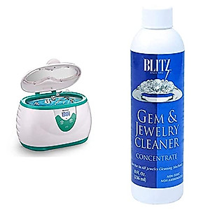 Ultrasonic Cleaner, UKOKE UUC06G Professional Ultrasonic Jewelry Cleaner & Blitz 653 Gem & Jewelry Cleaner Concentrate, Tall Bottle of 8 Fluid Ounces, 1-Pack, Blue