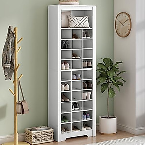 JCSTEU Stylish Design 30 Shoe Cubby Console Versatile, Contemporary Shoe Cabinet with Storage, Free Standing Tall Cabinet for Hallway, Bedroom (White)