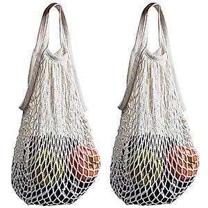 STONCEL Pack of 2 Cotton Net Shopping Tote Ecology Market String Bag Organizer (White)