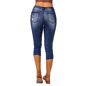 Vetinee Women's Maui Views Summer High Waisted Casual Ripped Distressed Skinny Slim Fit Stretch Cropped Denim Capri Jeans Size X-Large/16-18