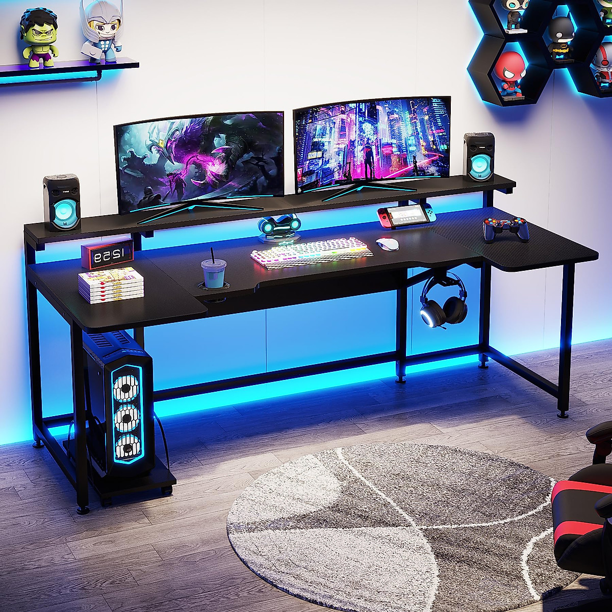Tribesigns 74.8 Inch Gaming Desk, Extra Long U Shaped Computer Desk with Monitor Stand Shelf and CPU Stand, Black Gamer Desk for Home Office, Gaming